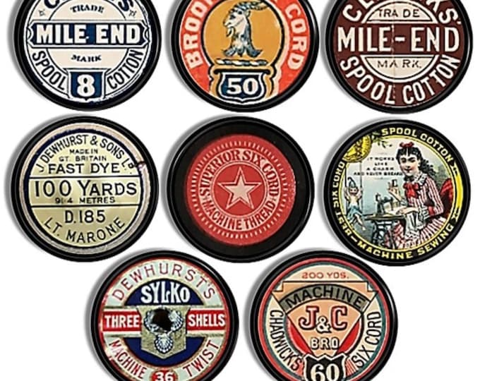 Set of 8, Vintage Sewing Thread Spool Labels Knobs, Cabinet Knobs ...