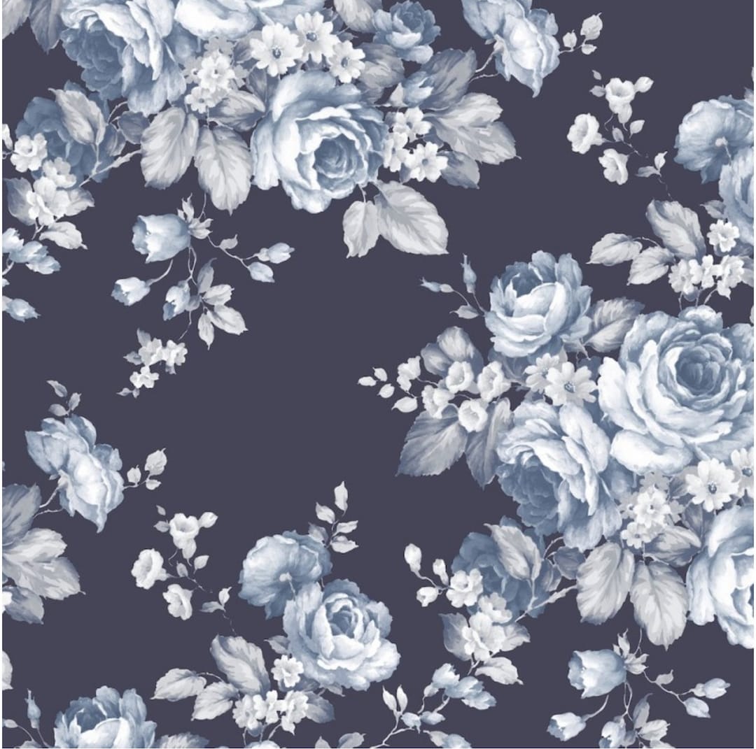 Romantic Southern Floral Wallpaper, Large Blue Cabbage Rose Toile ...