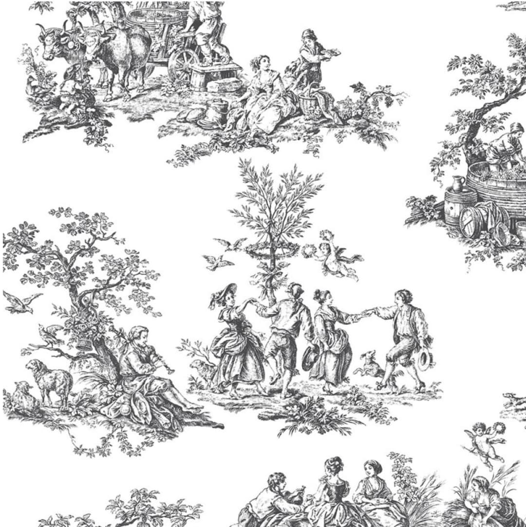 Black and White Countryside Harvest Toile Wallpaper – Country French ...