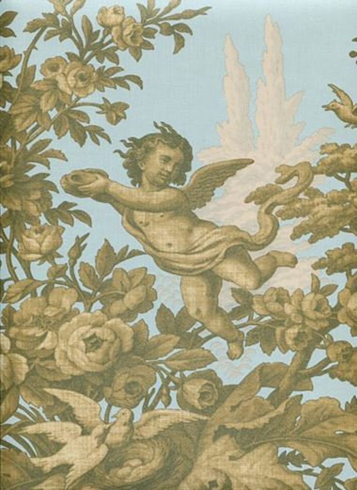 Traditional Cherub Floral Blue Toile Wallpaper - Vintage Victorian ...