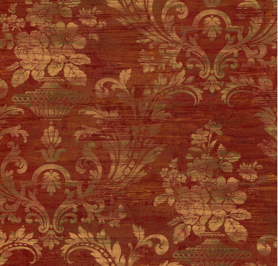 Red Distressed Victorian Damask Wallpaper, Gold Floral Scroll ...