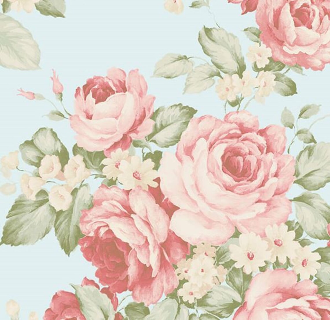Soft Faded Cabbage Rose Wallpaper Pale Blue Shabby Garden - Etsy