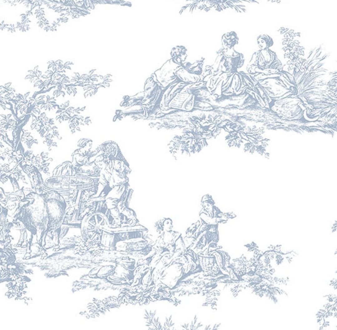 French Colonial Scenic Toile Wallpaper, Blue Baby Nursery, Country ...