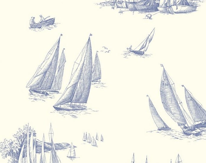 Blue and White Nautical Toile Wallpaper Remnant - 27" X 56.5" - Boating ...