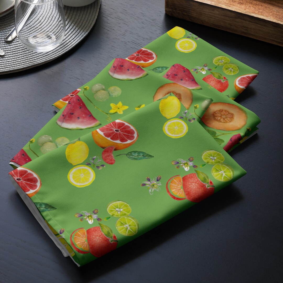 Citrus and Melons Watercolor Print Green Cloth Napkin Set - Etsy