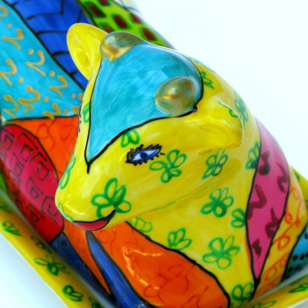 Crazy Commotion Cow Butter Dish Entirely Hand Painted Porcelain, Luxury ...