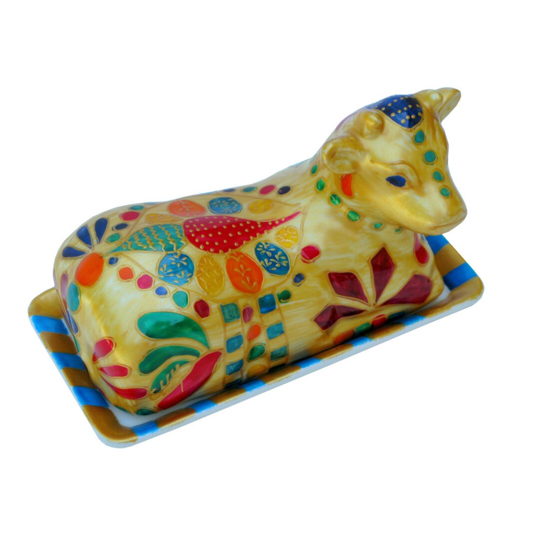 Queen of Sheba Golden Cow Butter Dish Entirely Hand Painted Porcelain ...