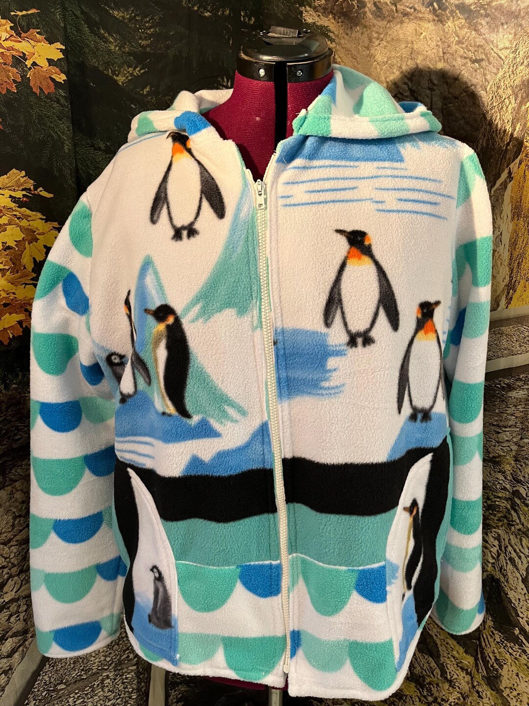 Penguin Stay Cool Upcycled Blanket Full Zip up Hoodie Fleece Jacket ...