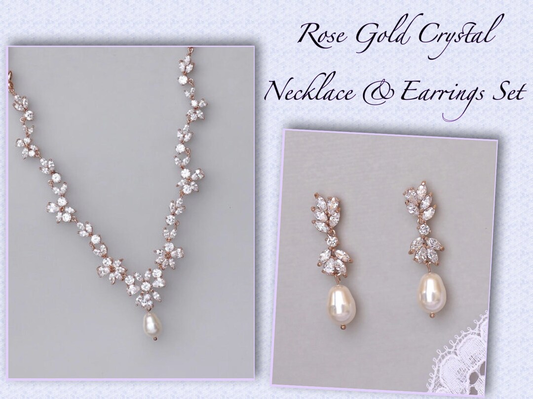 Rose Gold Jewelry SET, Crystal Necklace and Earrings Set, Rose Gold ...