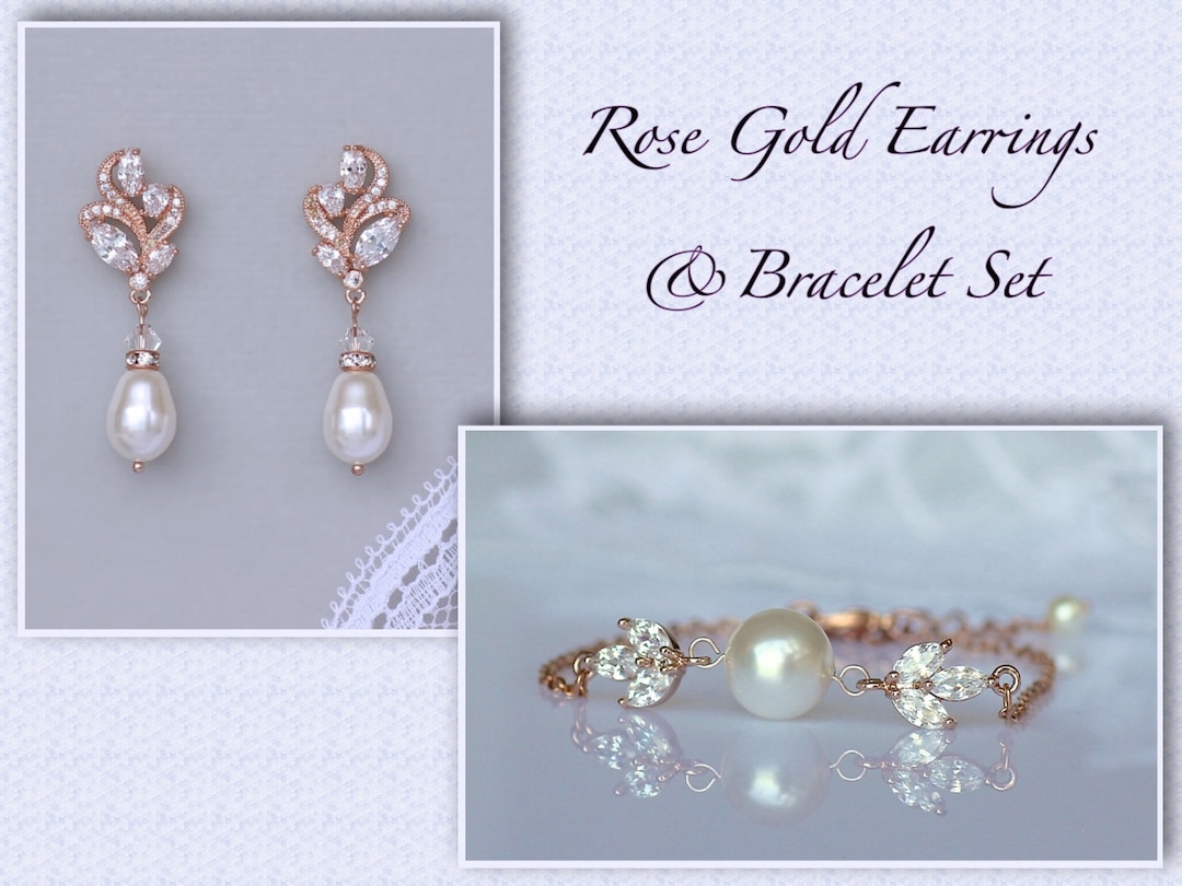 Rose Gold Jewelry Set, Rose Gold Bridal Jewelry, Bracelet & Earrings ...