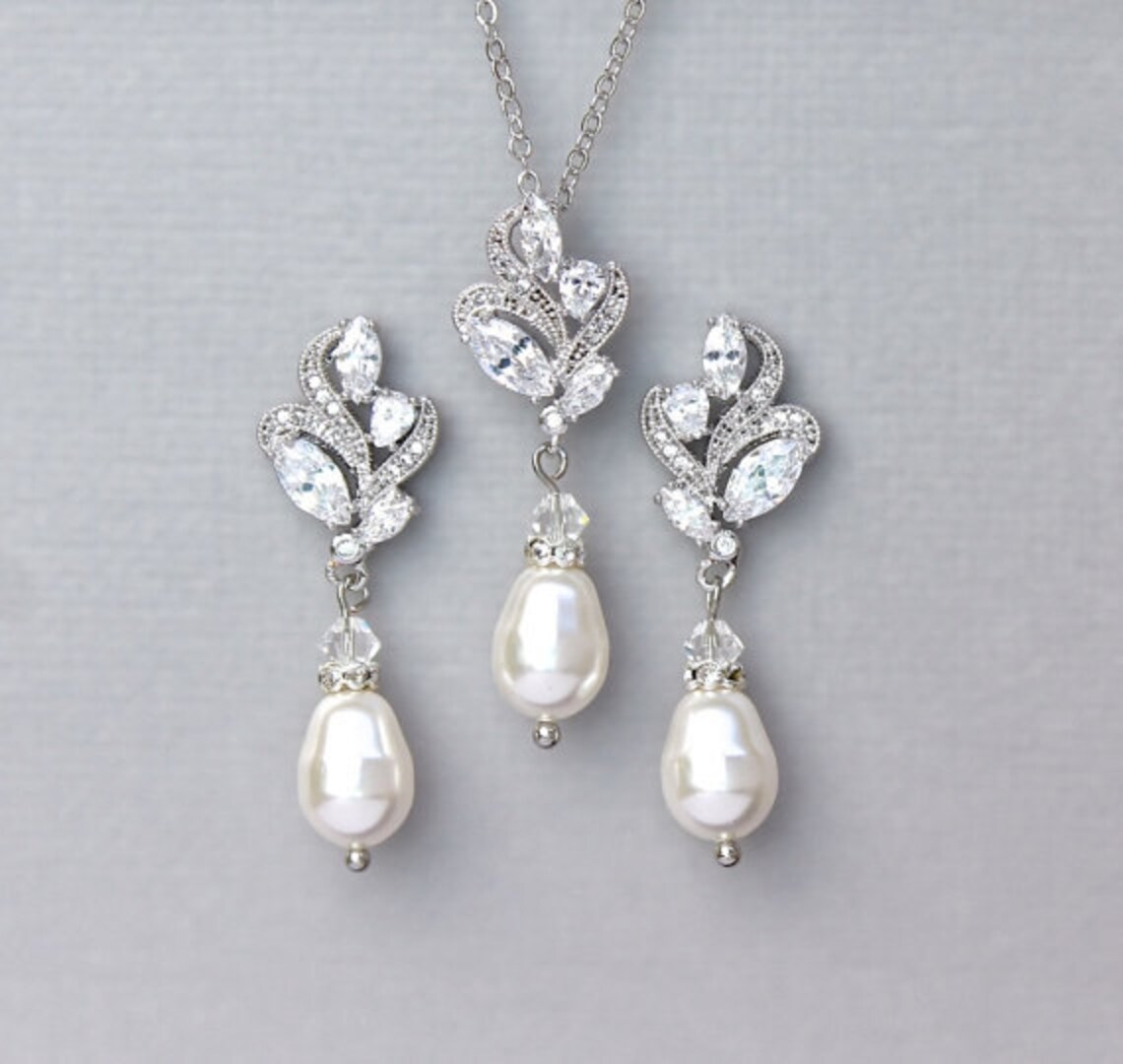 Crystal and Pearl Bridal Set Pearl Bridal Jewelry Set White - Etsy