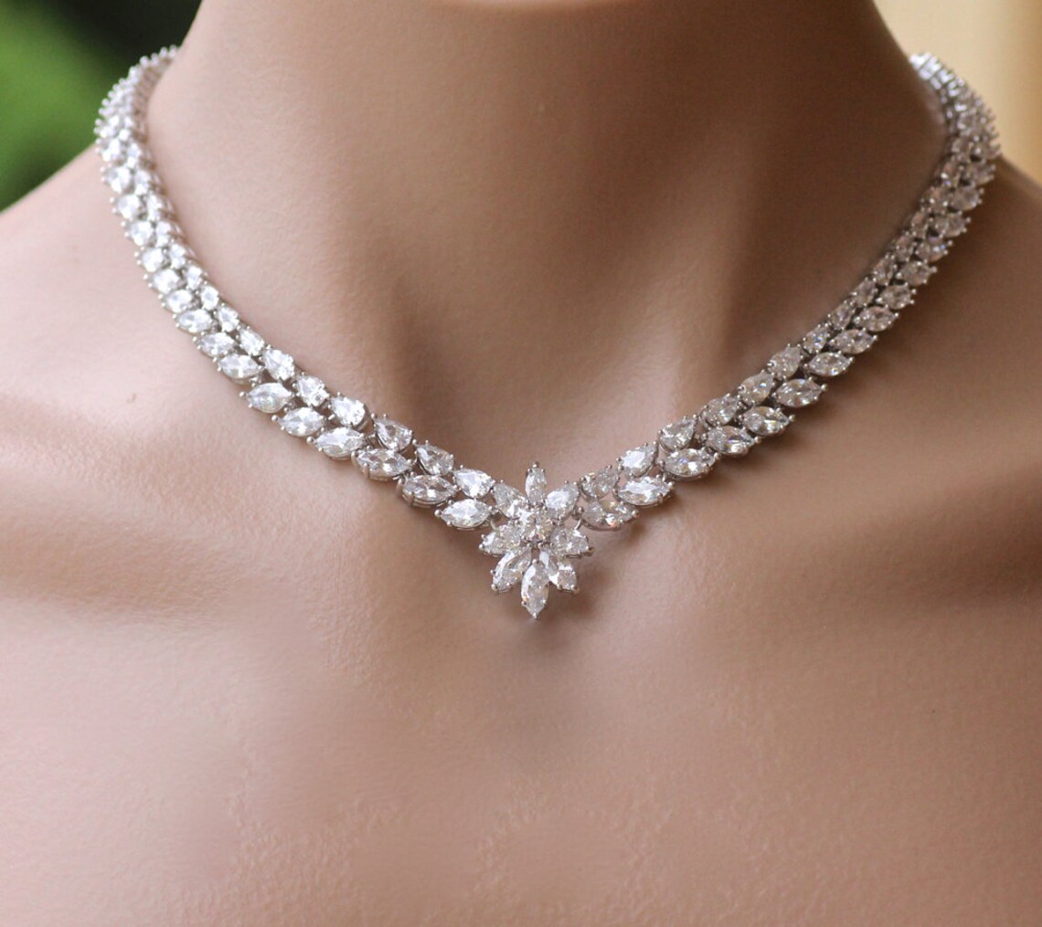 White Gold Crystal Marquise Bridal Necklace, Rhodium Crystal Bridal ...