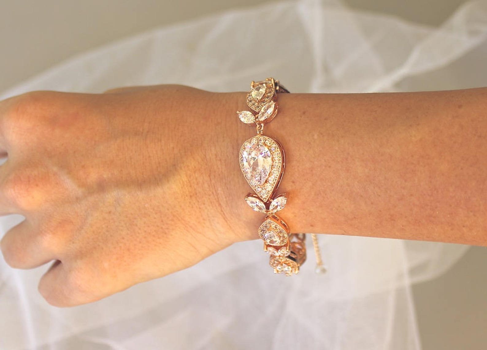 Rose Gold Bracelet, Rose Gold Crystal Bracelet, Crystal Teardrop ...