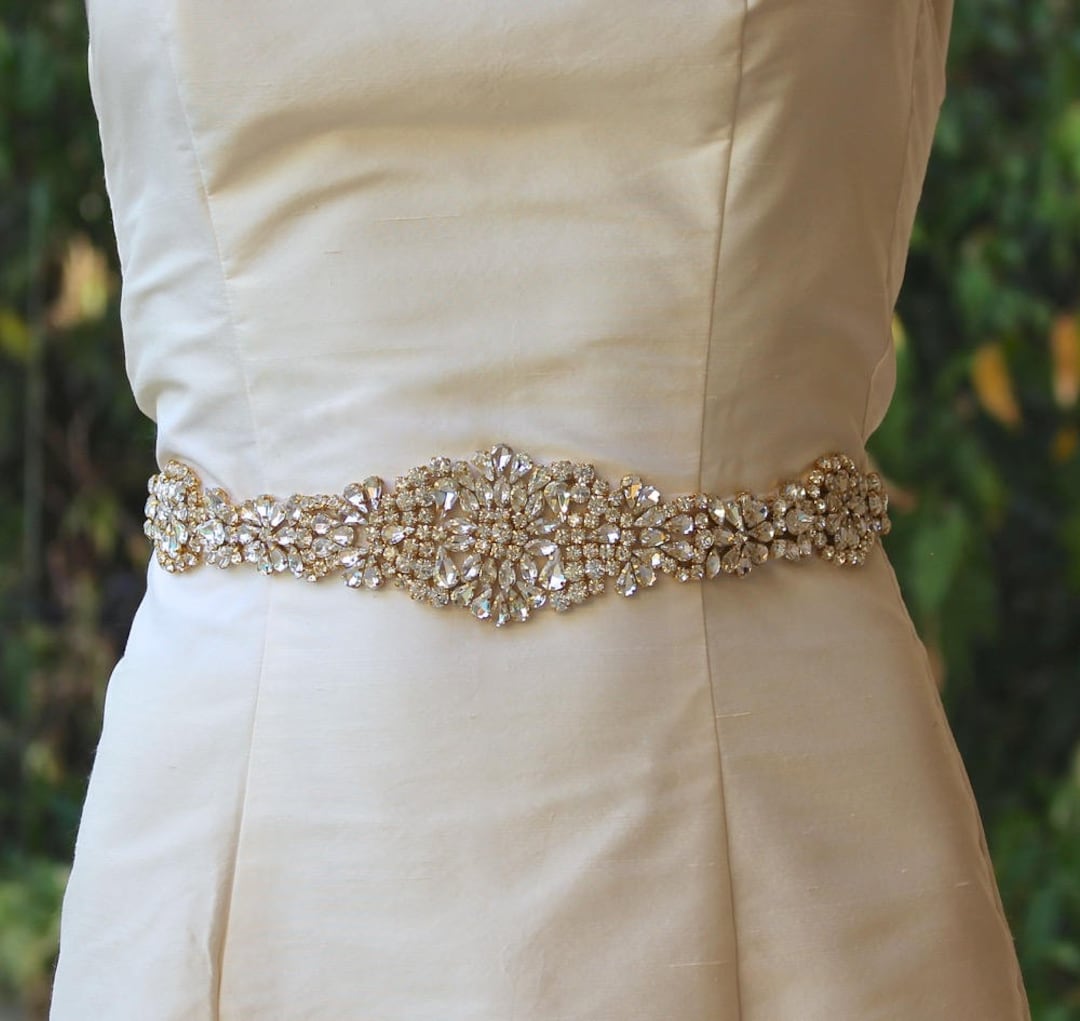 Gold Bridal Sash, Wedding Dress Sash, Gold Crystal Bridal Belt, Crystal ...