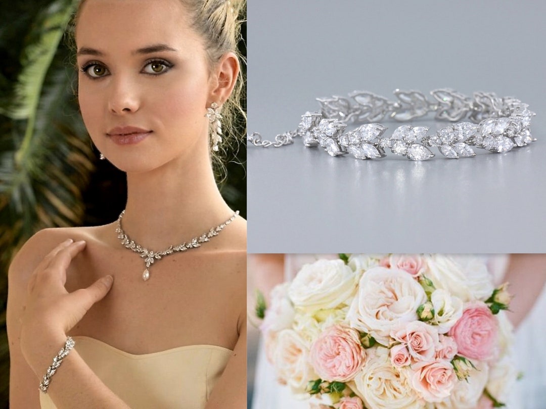White Gold Crystal Bracelet, Silver Tone Bridal Bracelet, Crystal Leafy ...