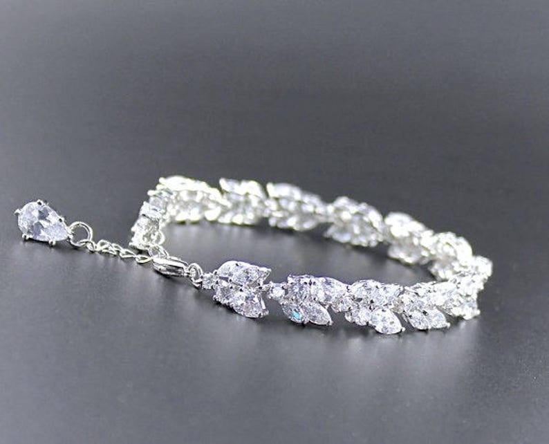 White Gold Crystal Bracelet, Silver Tone Bridal Bracelet, Crystal Leafy ...