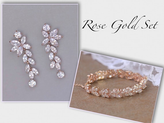 Rose Gold Bridal Jewelry Set Bridal Necklace & Earrings Set | Etsy