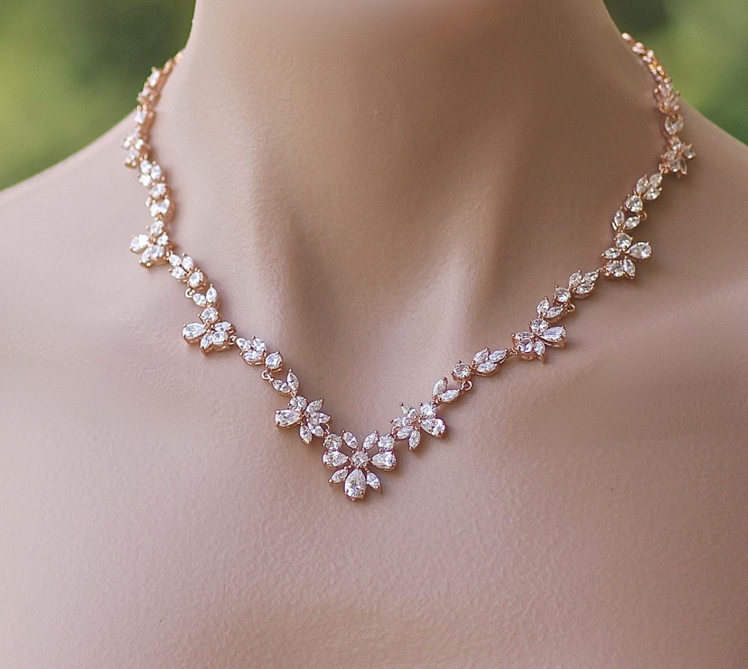 Rose Gold Crystal Bridal Necklace, Rose Gold Wedding Jewelry ASHLEY - Etsy