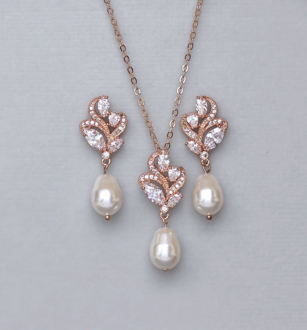 Rose Gold Jewelry Set, Pearl Bridal Jewelry Set, Bridal Earrings ...