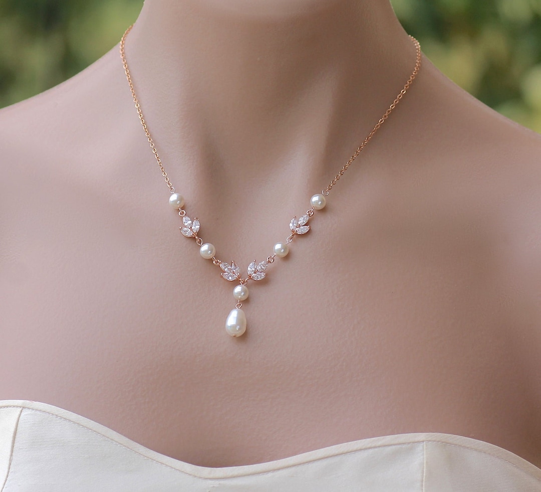 Rose Gold Crystal & Pearl Necklace, Rose Gold Bridal Necklace, GOLD and ...