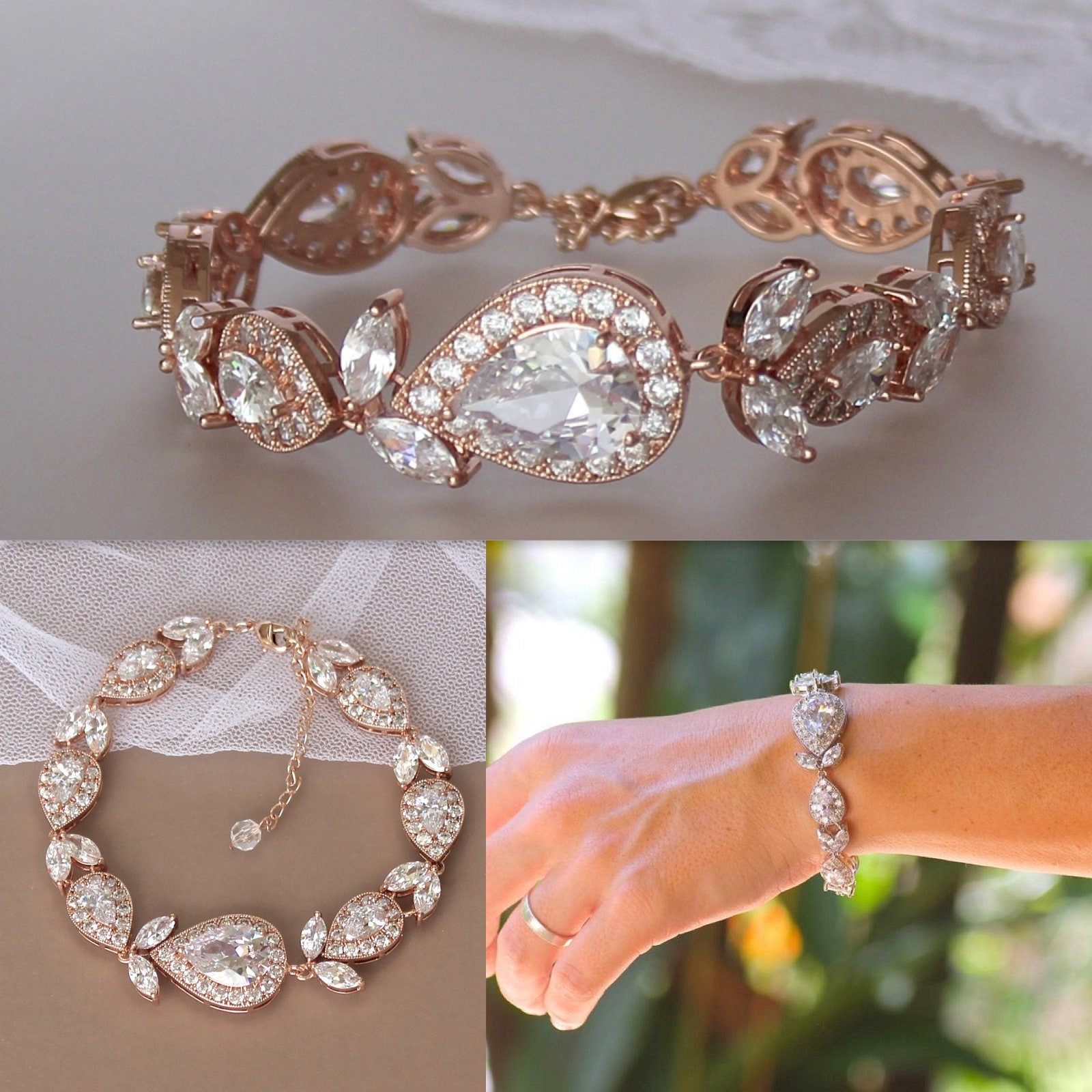 Rose Gold Bracelet, Rose Gold Crystal Bracelet, Crystal Teardrop ...
