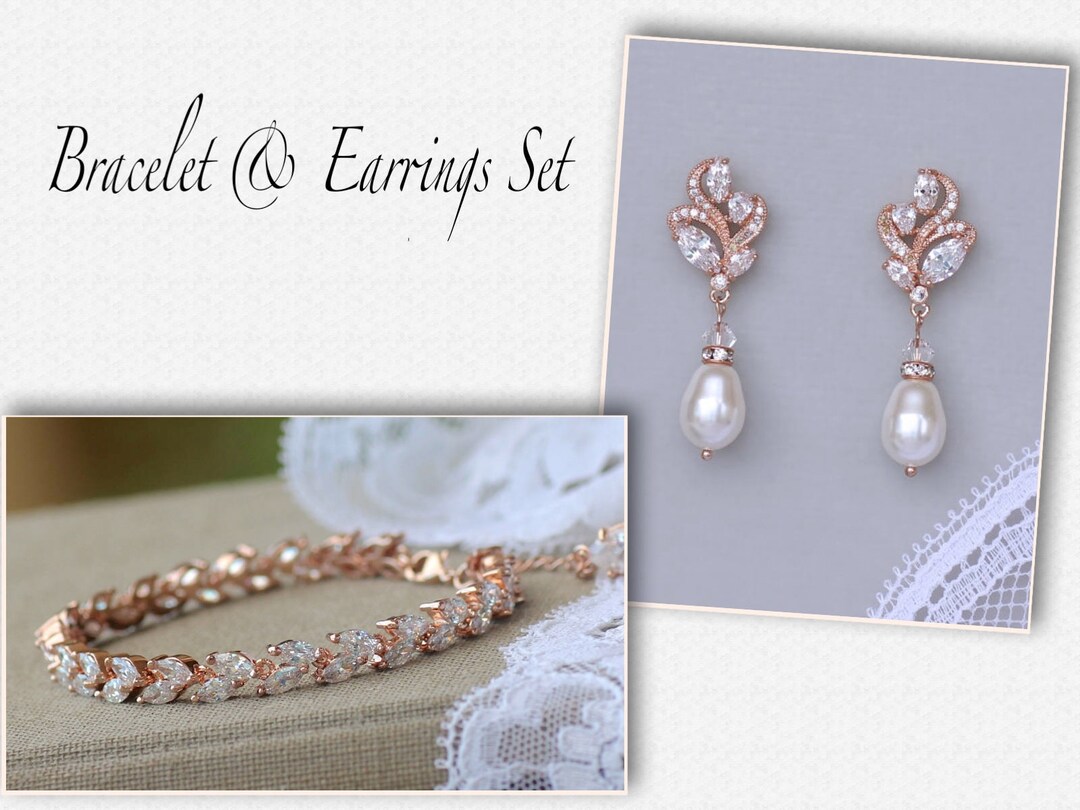 Rose Gold Jewelry Set, Bridal Jewelry Set, Rose Gold Bracelet ...