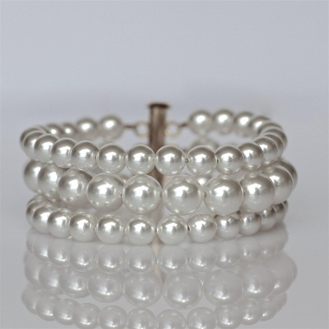 Classic Pearl Bridal Bracelet, Multi Strand Pearl Bridal Cuff, Wedding ...