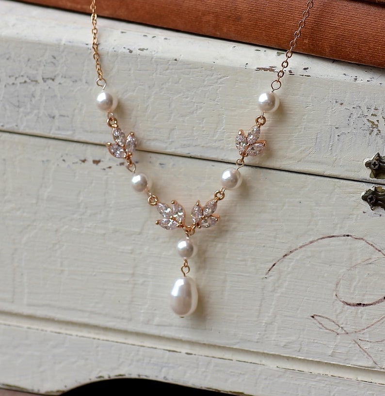 Rose Gold Crystal & Pearl Necklace, Rose Gold Bridal Necklace, GOLD and ...