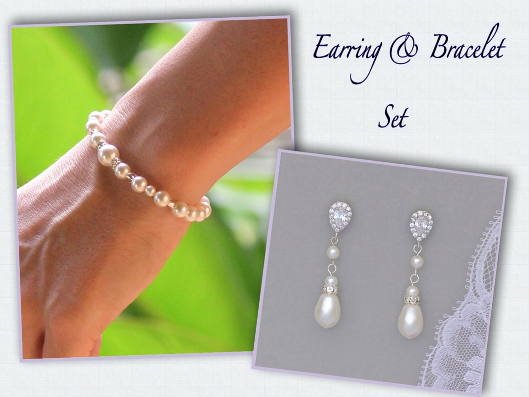 Pearl Bridal Set, 2 Piece Pearl Earring & Bracelet Set, Clip on ...