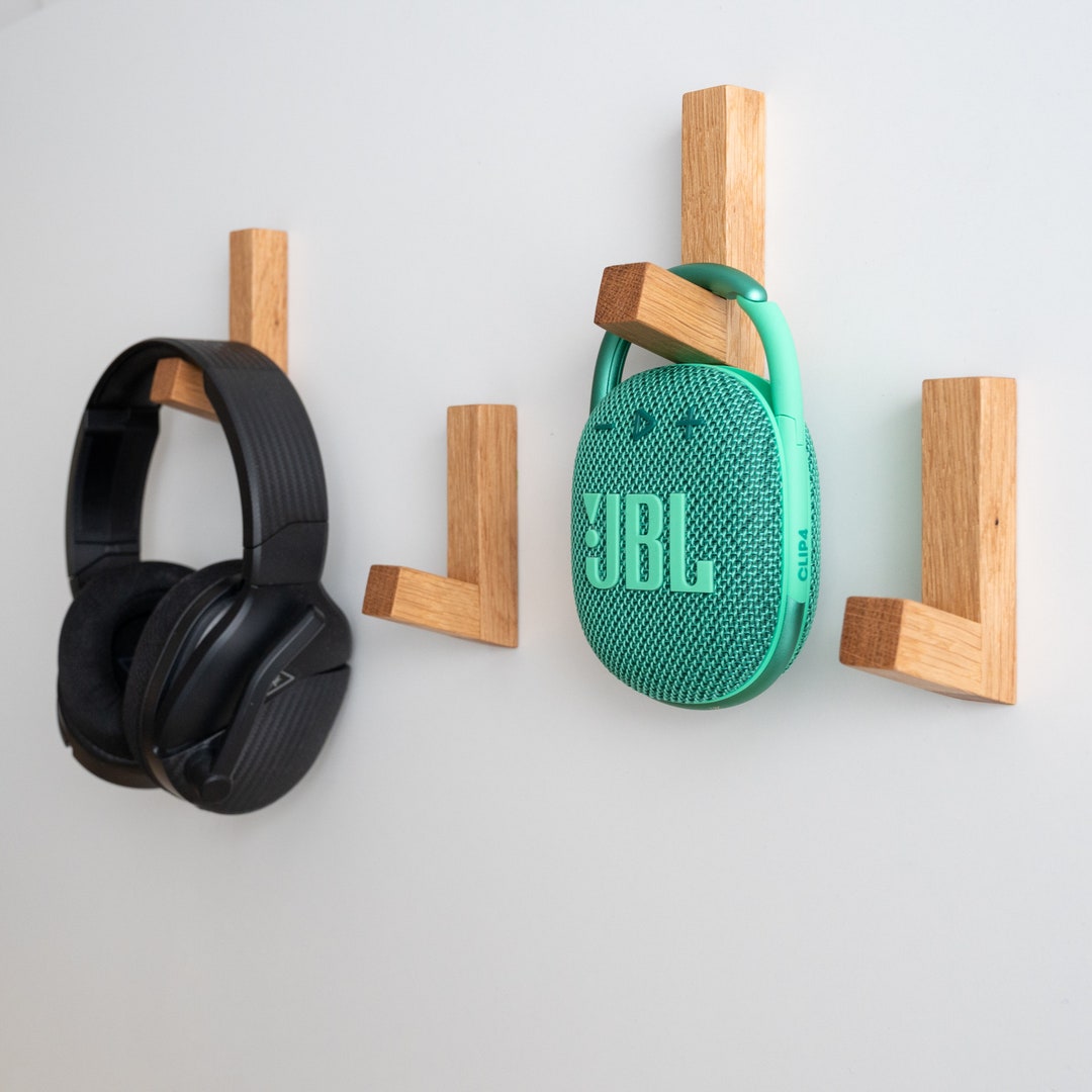 Adhesive Slanted Oak Wooden Hook, Headset Holder, Oil Finished Wall ...