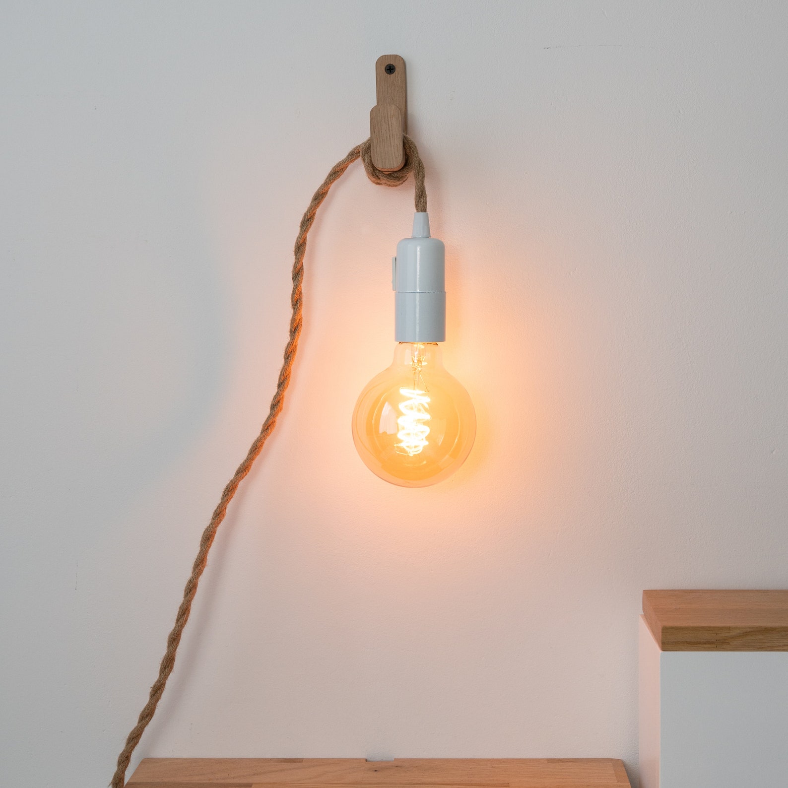 Oak Wooden Wall Hook Lamp With Fabric Power Cord Simple Wall | Etsy