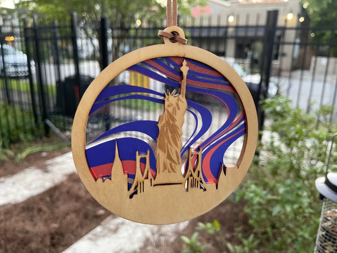 Handmade Wood Engraved Statue of Liberty Suncatcher, Patriotic Red ...