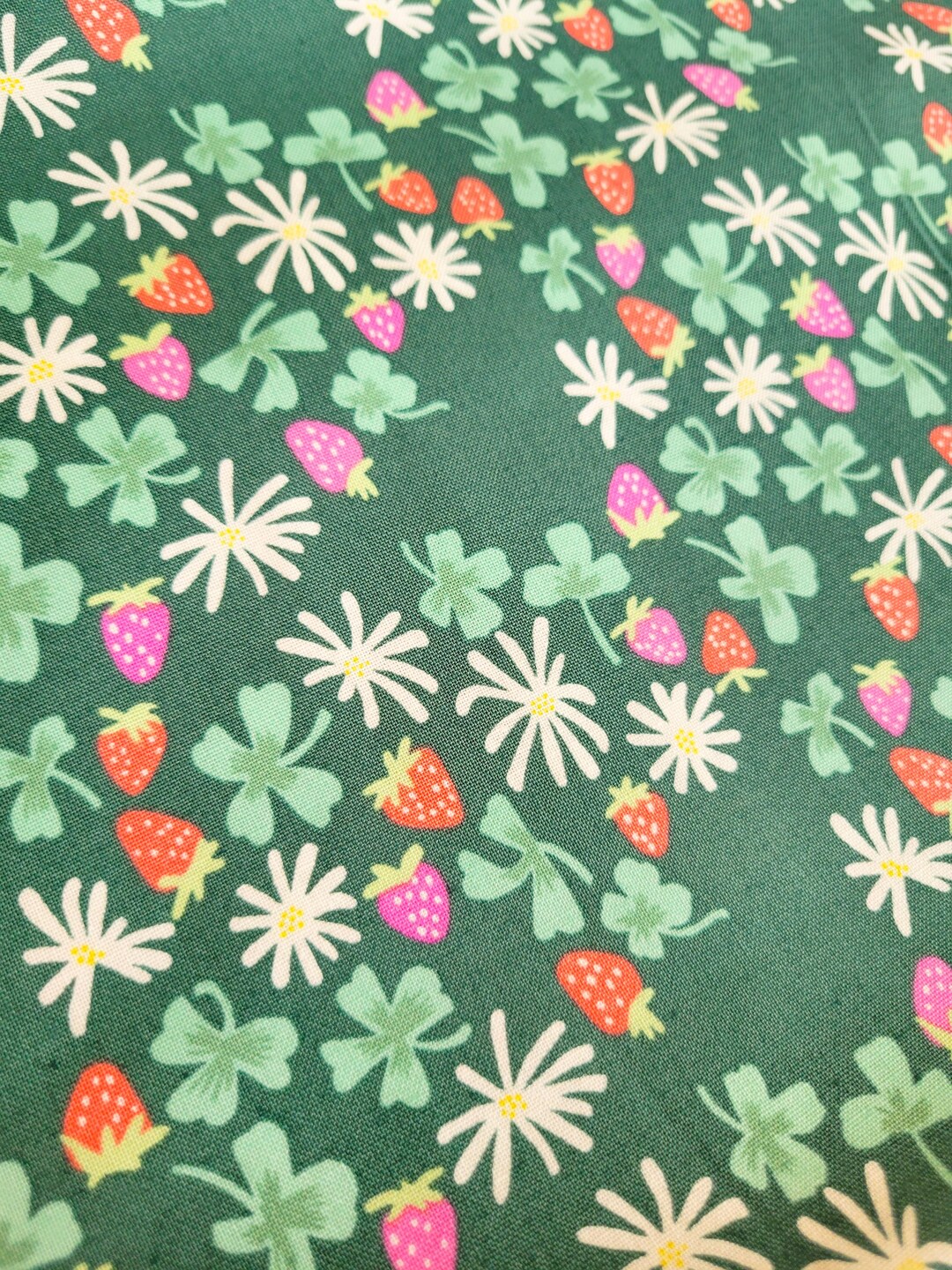 Chloe - Strawberries Forest - Green Floral Fabric- Floral Fabric ...