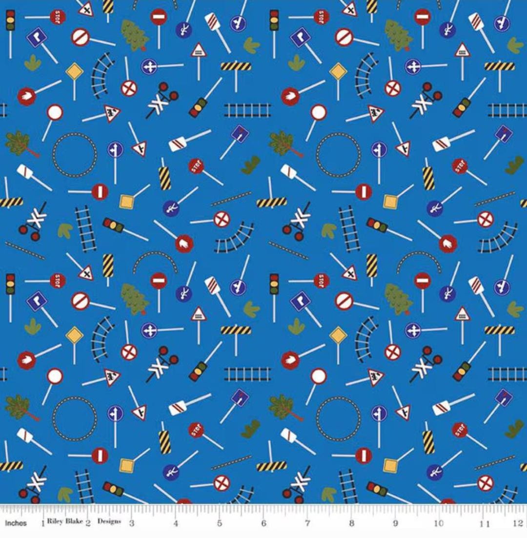 It Takes a Village - Traffic Signs Blue -city Fabric - Riley Blake ...
