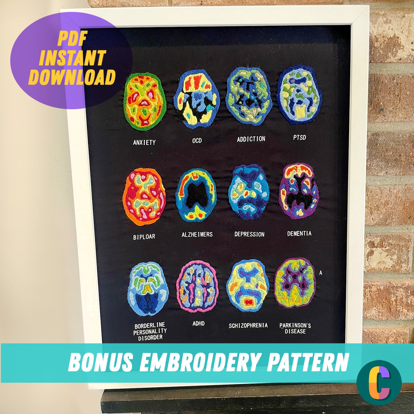 Brain Scan Digital Art Print & BONUS Embroidery Pattern | MRI PET Cat ...