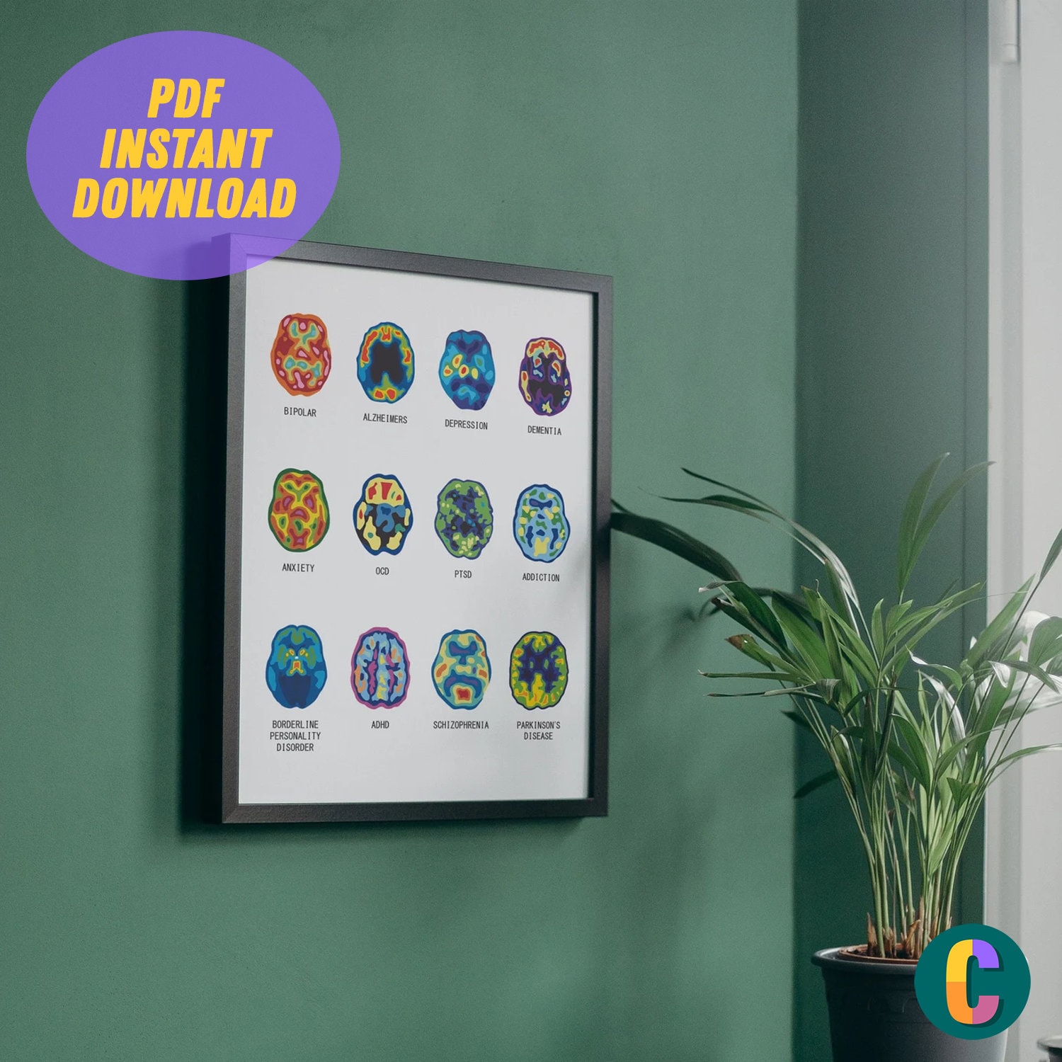 Brain Scan Digital Art Print & BONUS Embroidery Pattern | MRI PET Cat ...