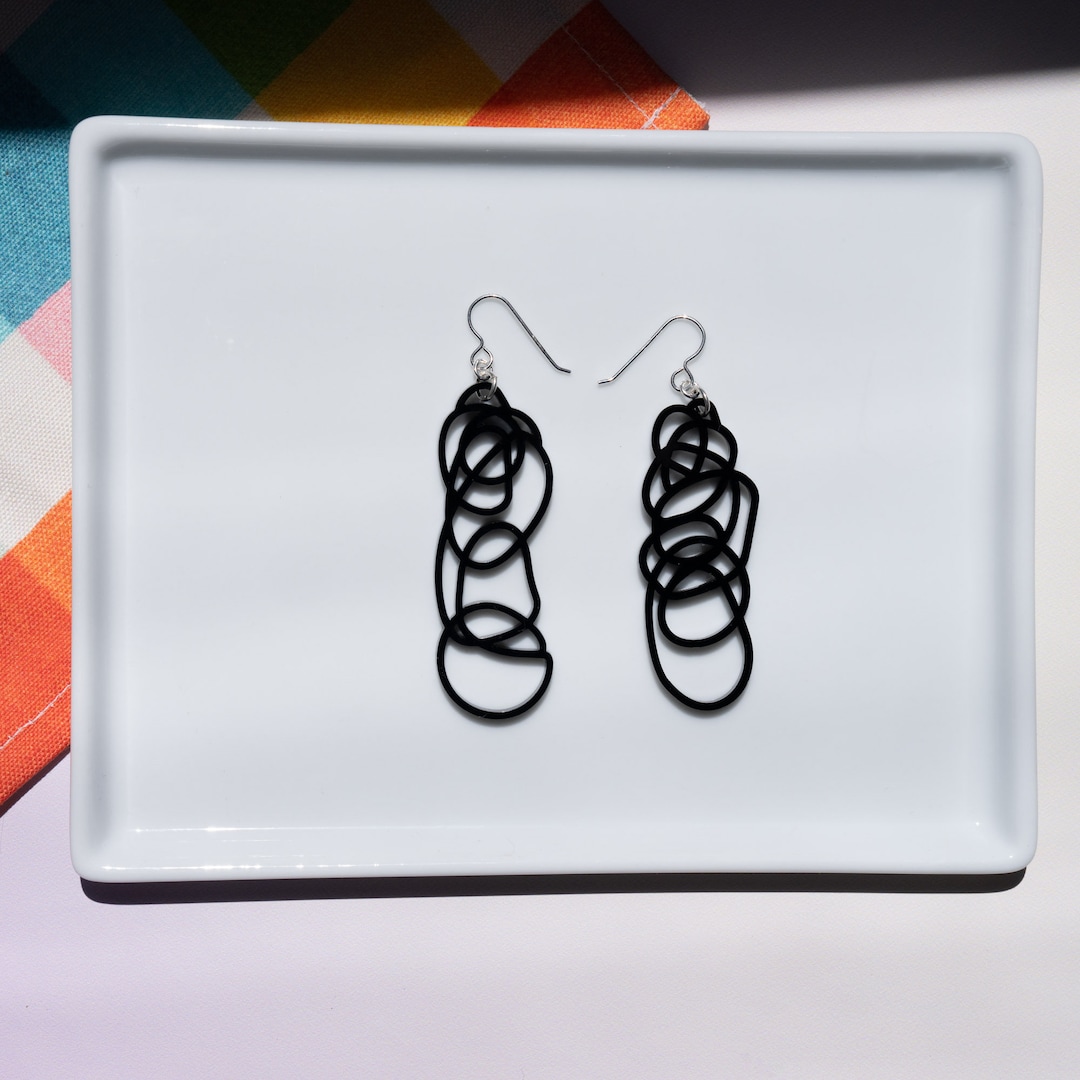 ABSTRACT DANGLE EARRINGS Lightweight Acrylic Earrings Black Scribble ...