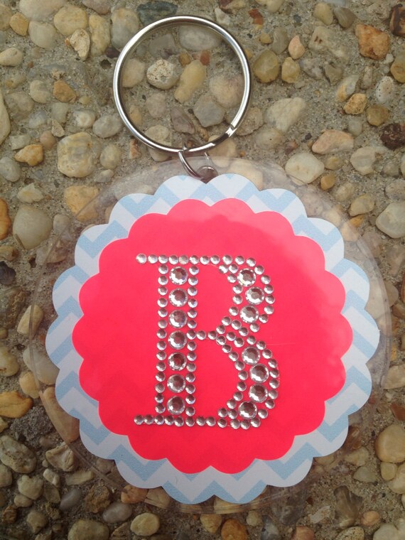 Items similar to Chevron or polka dot keychain with rhinestone monogram ...