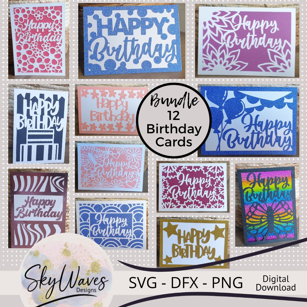 Bundle of 12 Birthday Card SVG, DFX, PNG Download - Cricut Birthday ...