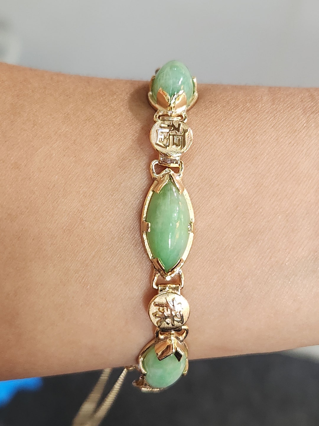 Ming's 14k Solid Gold Marquise Apple Green Jade and Chinese Symbol Gold ...
