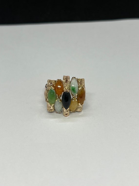 14k Solid Gold Multicolor Jade Ring - Gem