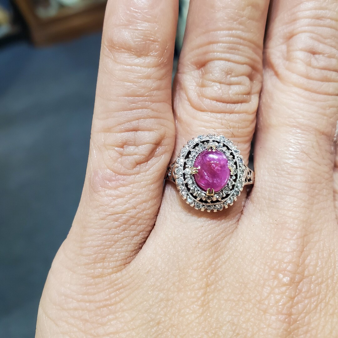 14k Solid Gold Two Tone Star Ruby Cab and Diamond Ring / Vintage Ring ...