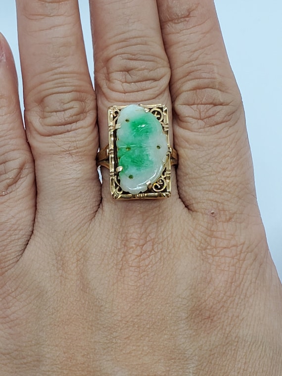 14k solid gold vintage carved moth design green and w… - Gem