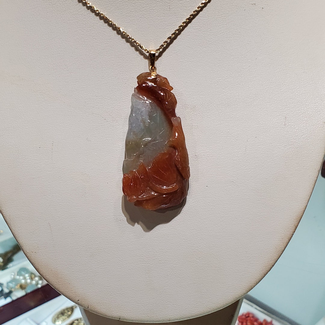 14k Solid Gold Bi Color Jadeite Jade Green and Reddish Brown Jade ...