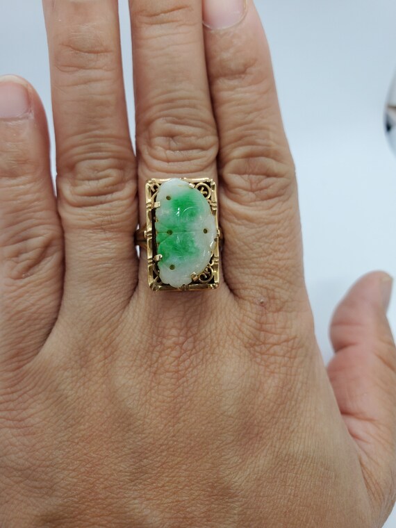 14k solid gold vintage carved moth design green and w… - Gem