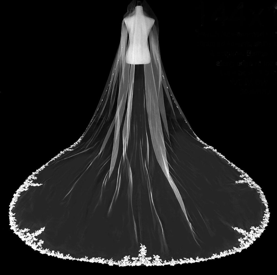 Regal Cathedral Wedding Veil With Beaded Partial Lace Edge Royal or ...