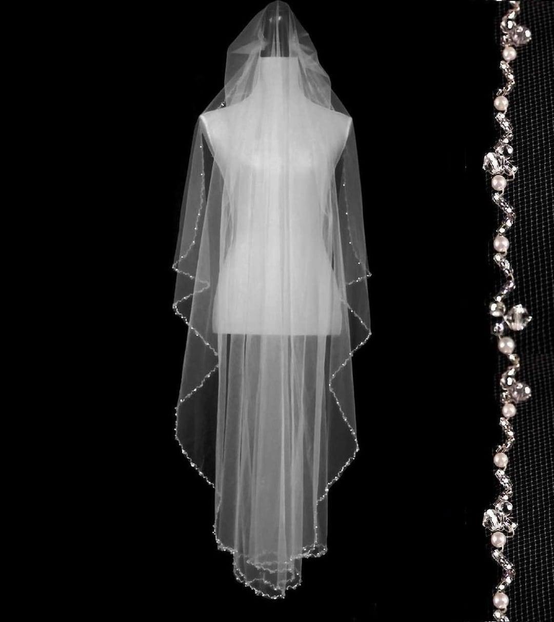 Angel Cut Pearl and Crystal Edge Wedding Veil in Waltz Length Free ...
