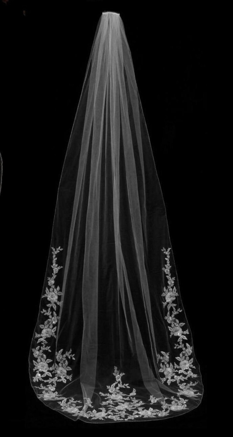 Cathedral Wedding Veil With Floral Rose Embroidery Lace Free - Etsy