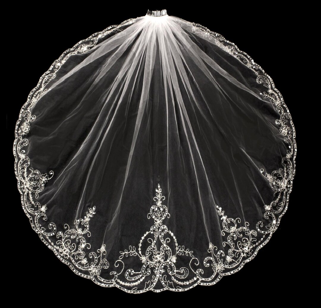 Exquisite Beaded Silver Embroidery Wedding Veil in Fingertip and Waltz ...