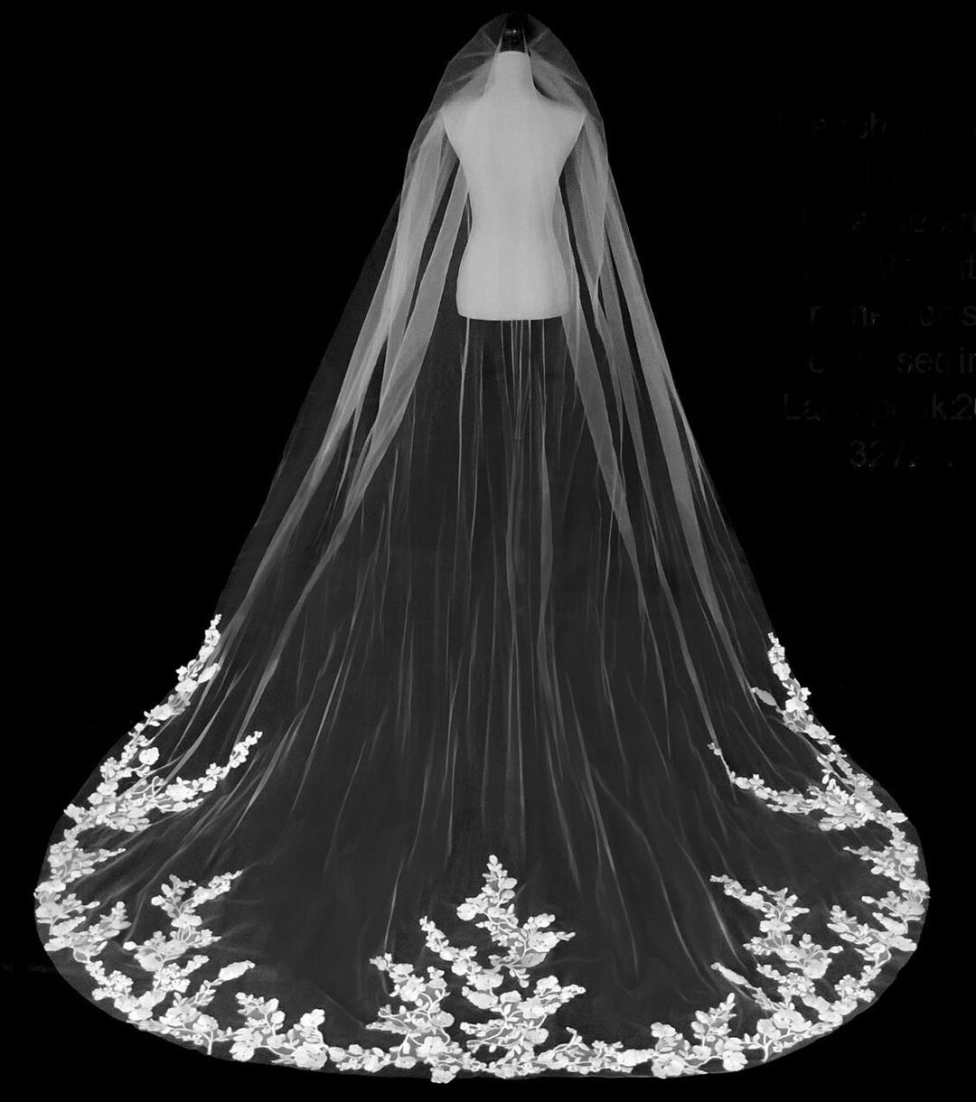 Royal Cathedral Wedding Veil Extra Wide With Beaded Floral Alencon Lace ...
